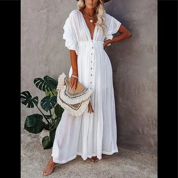 lolas_boutique_ | Dresses | Stunning White Maxi Boho Dress Kimono ...